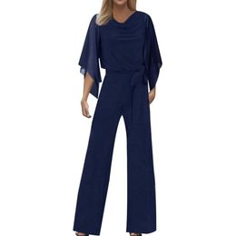 FIDDY Jumpsuit Damen V-Ausschnitt Einfarbig 3/4 ärmel Latzhosen mit Gürtel Playsuit