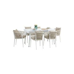 Idimex Gartenlounge-Set, Gartenmöbel Set weiß/champagner 1 Esstisch ausziehbar und 6 Stühle mit