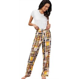 ZWY Pyjama Damen-Set aus einfarbigem T-Shirt und karierten Hosen