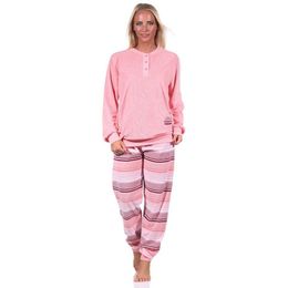 Normann Pyjama Damen Frottee Pyjama lang mit Bündchen Hose gestreift