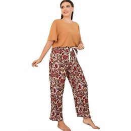 ZWY Pyjama Damen Einfarbiges Oberteil und bedruckte Pyjamahose(2 tlg.