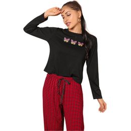 ZWY Pyjama Damen-Loungewear mit Schmetterlingsmuster und karierte Pyjamahose (Schlafanzüge