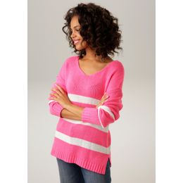 Strickpullover Aniston CASUAL Gr. 40/42, pink (pink, weiß) Damen Pullover V-Pullover