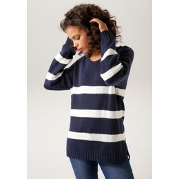 Strickpullover Aniston CASUAL Gr. 40/42, blau (marine, weiß) Damen Pullover V-Pullover