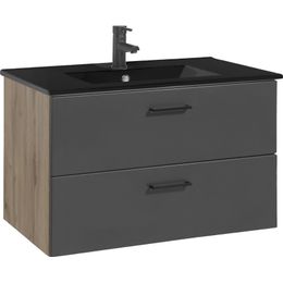 HELD MÖBEL Waschtisch HELD MÖBEL "Trento Badezimmerschrank mit Becken Bestseller" Waschtische Gr. Becken schwarz eckig, braun (grau matt, wotaneiche, wotaneiche) Waschtische Badmöbel in Breite 80 cm , Waschplatz mit 2 Schubladen, Badschrank