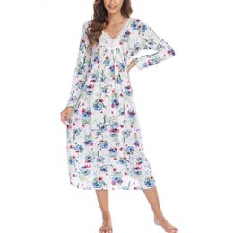 ZWY Nachthemd Langes, locker bedrucktes Nachthemd für Damen mit V-Ausschnitt (Schlafanzüge