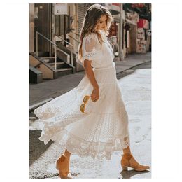 RUZU UG Abendkleid Kleid Mode Weiß Neuer Stil Damen V-Ausschnitt Kurzarm Spitze