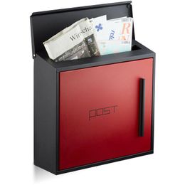 Briefkasten rot modern Zweifarben Design, DIN-A4 Einwurf, Stahl, groß, HxBxT: 33 x 35 x 12,5 cm, schwarz-rot - Relaxdays