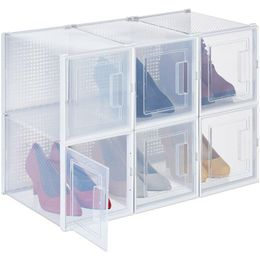 Schuhboxen 6er Set, für High Heels, Schuhorganizer stapelbar, bis Größe 42, Lüftungsschlitze, transparent/weiß - Relaxdays