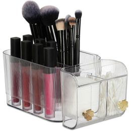 Kosmetik Organizer, 4 Fächer & 2 Haken, Wattestäbchenbehälter, Klebe-Wandmontage, Kunststoff, transparent/gold - Relaxdays