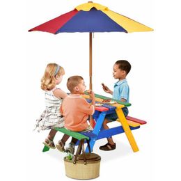 Kindermoebel, aus Tannenholz, Picknicktisch mit Bank für Kinder, mit Sonnenschirm, Mehrfarbige Kindersitzgruppe, für 4 Kleinkinder, Geeignet