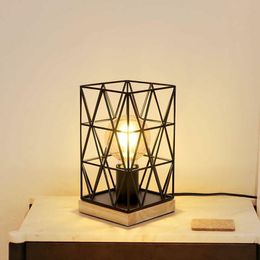 Vintage-Tischlampe in Schwarz, Tischlampe aus Holz und Metall im minimalistischen Stil - E27-Fassung mit Steckdose und Schalter, ideal für