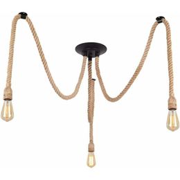 Rhafayre - Hanfseil Pendelleuchte Kronleuchter Vintage Industrielle Deckenleuchte 3 Köpfe Lampe, Holzseillampe im Landhausstil für E27 Edison