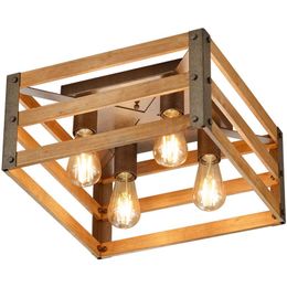 etc-shop Deckenlampe Landhaus Holzleuchte Retro Lampenschirm Holzkiste Vintage, Metall nickel natur, 4x E27 Fassung, LxBxH 40x40x20 cm