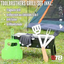 Toolbrothers - Outdoor tragbarer Holzkohle Grill Set für Camping werkzeuglose Montage 43 x 29 x 23 cm schwarz + Grillbesteck, Grillhandschuhe &