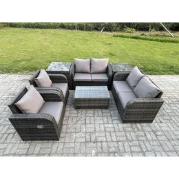 Fimous - Rattan Gartenmöbel Set Patio Outdoor Lounge Sofa Set mit 2 Liegestühlen Rechteckiger Couchtisch 2 Beistelltische Dunkelgrau Gemischt