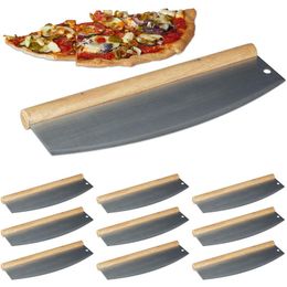 Relaxdays 10 x Pizza Wiegemesser, Edelstahl Pizzaschneider mit Holzgriff, 1 Klinge mit Schutzhülle, HxB: 12 x 35 cm, silber
