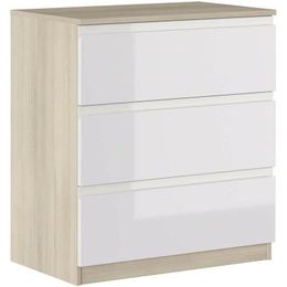 CAESAROO - Kommode 87 cm Glänzend Weiß und Eiche mit 3 Schubladen Serie Oslo Eiche und Weiß