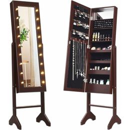 Costway 18 LED-Schmuckschrank neigungsverstellbar, Schmuckregal mit Ganzkoerperspiegel und kleinem Schminkspiegel, Schmuck Spiegelschrank für Makeup Braun