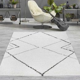 Hochflor Shaggy Teppich Rauten Muster Design Wohnzimmer Creme Grau Anthrazit,80x150 cm