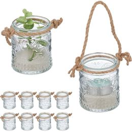 Windlicht, 12er Set, Glas mit Henkel, 7 x 6 cm, innen & außen, Hochzeit Teelichthalter, transparent/ natur - Relaxdays