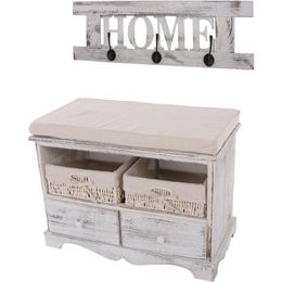 HHG - Garderobe mit Sitzbank Kommode mit 2 Körben 42x62x33cm, Shabby-Look, Vintage weiß - white