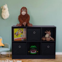 etc-shop Kinderzimmerregal Spielzeugregal mit 6 Fächern Holzregal Aufbewahrungsregal 6x Faltboxen Bücherregal schwarz, Stoffboxen, BxHxT 80x60x30 cm
