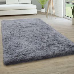 Paco Home - Hochflor Teppich Wohnzimmer Fellteppich Kunstfell Shaggy Flauschig Einfarbig 60x100 cm, Grau