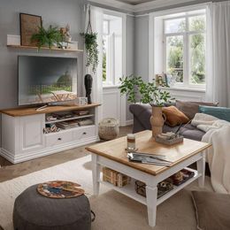Lomadox Wohnmöbel Set weiß ESBJERG-69 Landhausstil in Kiefer weiß lackiert mit Eiche massiv 3-teilig - weiß