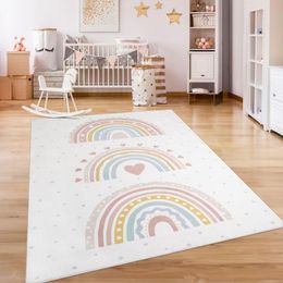 Teppich Kinderzimmer Kinderteppich Kurzflor Rutschfest Herzen Sonne Regenbogen 240x340 cm, Rosa 2 - Paco Home