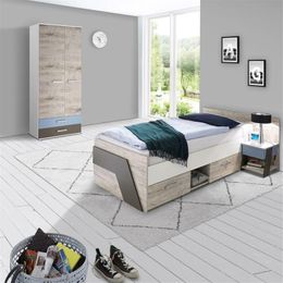 Lomadox Jugendzimmer Set mit Bett 90x200 cm 3-teilig mit Kleiderschrank LEEDS-10 in Sandeiche Nb. mit weiß, Lava und Denim Blau - grau