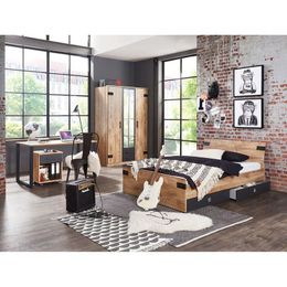 Lomadox Jugendzimmer Set 6-teilig mit Bett 140cm 2 Bettschubkästen Kleiderschrank EVERTON-43 Schreibtisch mit Rollcontainer - braun