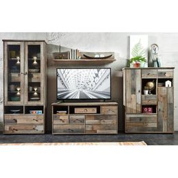 Lomadox Vintage Wohnwand Industrial Design Driftwood BRANSON-36 Standvitrine mit LED-Beleuchtung, b/h/t ca. 342/188/52 cm - braun