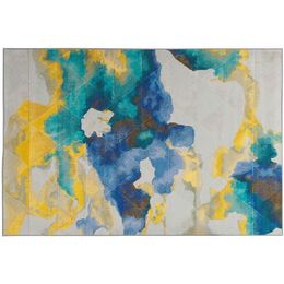 Beliani - Teppich Blau Weiß Gelb Polyester 160 x 230 cm Kurzflor Aquarell Optik Bedruckt Rechteckig - Weiß