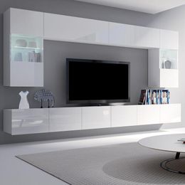 Lomadox Moderne Wohnwand mit Beleuchtung in weiß Hochglanz CAIRNS-132, b/h/t ca. 300/200/43 cm - weiß