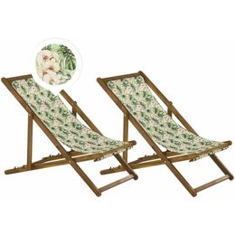 Beliani Liegestühle 2er Set Grün/Rosa mit Blumenmuster aus hellem Akazienholz zusammenklappbar Gartenausstattung Outdoor Gartenzubehör Modern - Heller