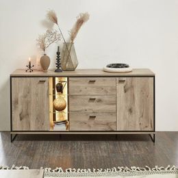 Lomadox Sideboard 180cm mit Beleuchtung, Eiche mit schwarz, RINGSTED-55 - braun