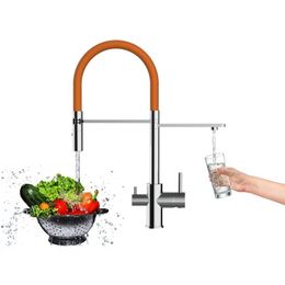 Vizio - 3 Wege Wasserhahn Kueche Spueltischarmatur Verchromt Kuechenarmatur mit Orange 360 schwenkbarem Auslauf und abnehmbare 2 strahl Handbrause