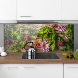 MICASIA Spritzschutz Glas - Blumen Himbeeren Minze - Panorama Quer Größe HxB: 50cm x 125cm