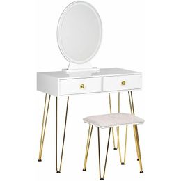 Beliani Schminktisch Weiß und Gold MDF-Platte mit Metallbeinen Ovalem LED-Spiegel 2 Schubladen Hocker Glamour für Erwachsene Schlafzimmer Jugendzimmer - Weiß