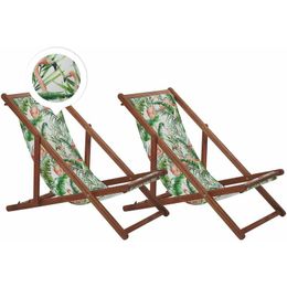 Beliani Liegestühle 2er Set aus dunklem Akazienholz mit buntem Bezug zusammenklappbar Flamingomuster Gartenausstattung Outdoor Gartenzubehör Modern - Rosa