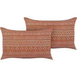 Beliani Dekokissen 2er Set Orange Baumwolle Bezug mit Füllung Geometrisches Muster 45 x 45 cm Boho Rustikal Sofakissen Wohnzimmer Salon Schlafzimmer - Orange