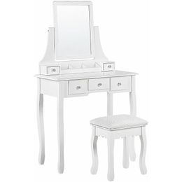 Beliani Schminktisch Weiß 139 x 40 x 80 cm Hocker, Kippbarer Spiegel 5 Schubladen 3 Fächer Schlafzimmer Wohnzimmer Aufbewahrung Kosmetika - Weiß