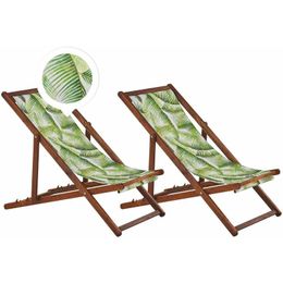 Beliani Liegestühle 2er Set aus dunklem Akazienholz Bezug grün/weiß zusammenklappbar Flamingomuster Gartenausstattung Outdoor Gartenzubehör Modern - Grün