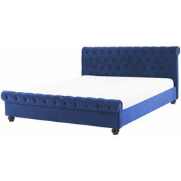 Beliani Polsterbett Blau 160 x 200 cm Samtstoff Mit Lattenrost Hohe Kopfteil Geschwungene Fußteil Elegant Klassisch - Dunkler Holzfarbton