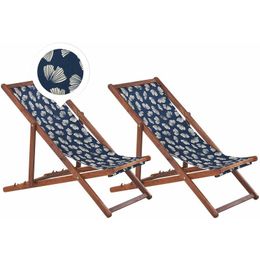 Beliani Liegestühle 2er Set aus dunklem Akazienholz Bezug marineblau zusammenklappbar Blumenmuster Gartenausstattung Outdoor Gartenzubehör Modern - Blau