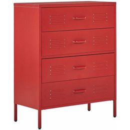 Beliani - Hohe Kommode Rot Stahl 40x80x102 cm mit 4 Schubladen Mehrzweckschrank für Büro Schlafzimmer Wohnzimmer Kinderzimmer Bad - Rot