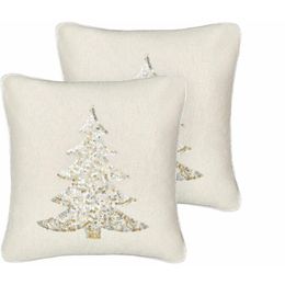 Beliani Dekokissen 2er Set Beige Baumwollbezug mit Füllung Pailletten Quadratisch 45x45 cm Weihnachtsmotiv Tannenbaum Reißverschluss Wohnzimmer Deko - Beige