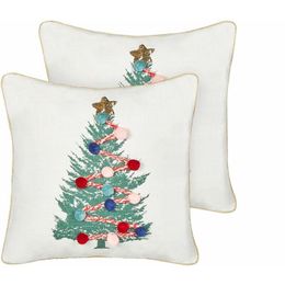 Beliani - Dekokissen 2er Set Weiß Baumwollbezug mit Füllung Biese Quadratisch 45x45 cm Weihnachtsmotiv Tannenbaum Reißverschluss Wohnzimmer