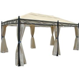 HHG Neuwertig] Pergola Calpe, Garten Pavillon, stabiles 7cm-Gestell 5x3m creme mit Seitenwand + Moskitonetz - beige